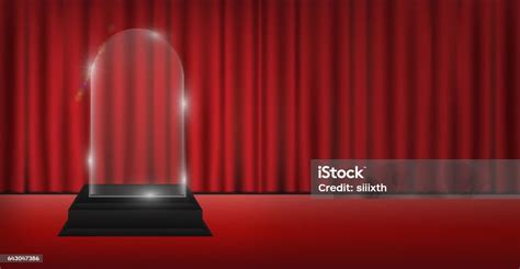 진짜 빨간 커튼 무대 배경으로 3d 투명 아크릴 트로피 3차원 형태에 대한 스톡 벡터 아트 및 기타 이미지 3차원 형태 Championship 결정체 Istock