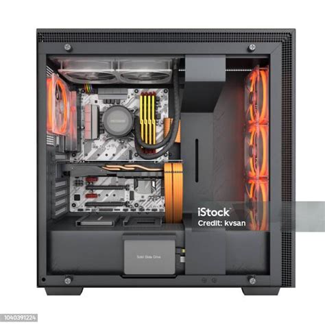 붉은 조명 효과와 물 오픈 컴퓨터 냉각 그림자 없이 흰색 배경에 3d 렌더링에 냉각 시스템 데스크탑 컴퓨터에 대한 스톡 사진 및 기타 이미지 데스크탑 컴퓨터 타워 0