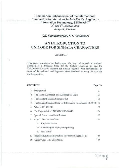 Pdf An Introduction To Unicode For Sinhala Characters