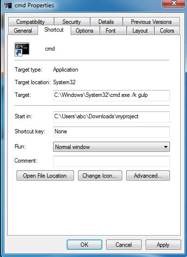 Cmd Run Gulp With Shortcut On Windows From The Start Menu Stack