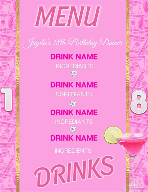 Menu Pink Menu Printable Editable Menu Template Digital Download