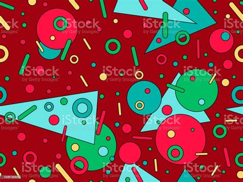 80 년대 스타일의 기하학적 원활한 패턴 스트로크가 있는 기하학적 모양입니다 추상적 인 다채로운 배경 브로셔 배너 및 홍보 자료 디자인 벡터 일러스트레이션 0명에 대한 스톡