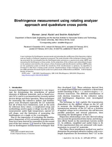 Pdf Birefringence Measurement Using Rotating Analyzer Approach And Quadrature Cross Points