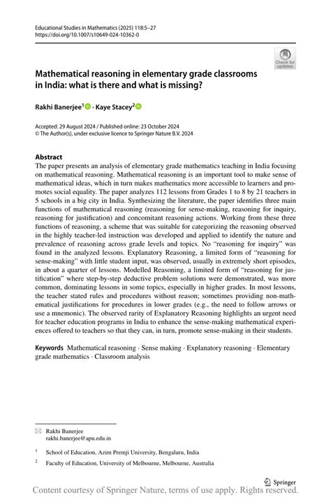 Mathematical Reasoning In Elementary Grade Classrooms In India What Is There And What Is