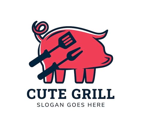 바베큐 핑크와 블루 푸들 스타일을 위한 귀여운 그릴 로고 디자인 템플릿 조합 돼지와 도구 프리미엄 벡터