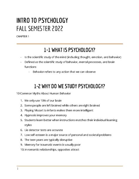 PSYC1110 Chapter 1 Notes What Is Psychology INTRO TO PSYCHOLOGY FALL SEMTER 2022 CHAPTER 1