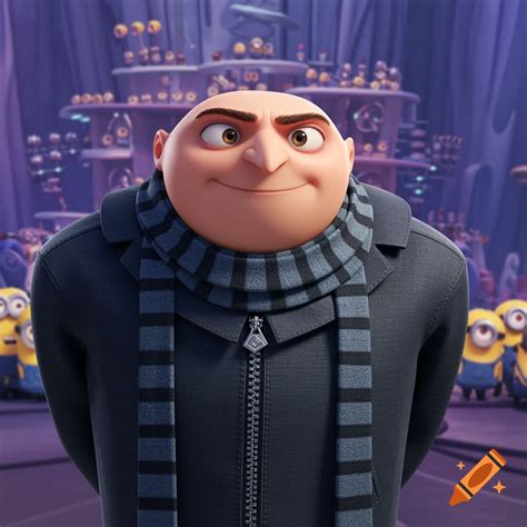 Gru A Bald Cartoon Character In A Black Suit And Striped Scarf Stands