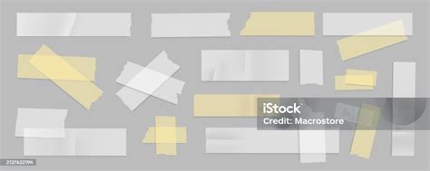 끈적 끈적한 종이 줄무늬 메가 세트 플랫 그래픽 디자인 가장자리가 찢어진 다양한 투명 접착 테이프의 수집 요소 흰색과 노란색으로 찢어진 고정 스카치 템플릿 벡터 일러스트