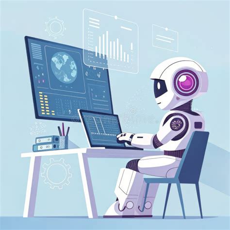 robot working analyzing data on computer screens artificial intelligence technology illustration