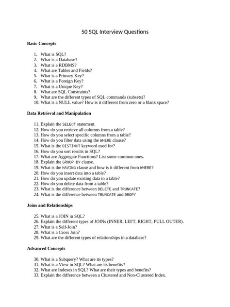 Essential Sql Interview Questions Guide Pdf Sql Database Index