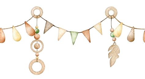 수채화 삼각형 깃발 젖니가 나는 장난감 나무 딸랑이 축하 디자인 요소가 있는 귀여운 이음매 없는 화환 베이비 샤워 포스터 패브릭 환영 아기 파티 생일을 위한 손으로 그린