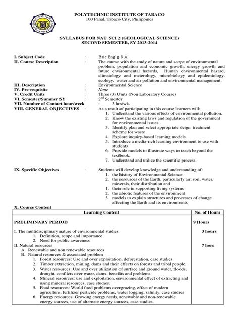 Environmental Science Syllabus Biodiversity Conservation Biology