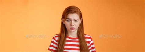 Close Up Stupified Puzzled Redhead Perplexed Woman Open Mouth Raise Eyebrow Full Disbelief