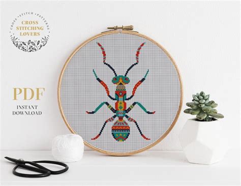 Ant Cross Stitch Pattern Colorful Insect Embroidery Design Instant