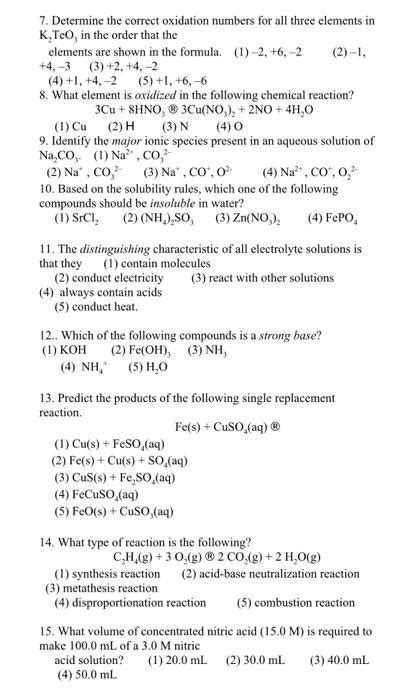 Solved 7 Determine The Correct Oxidation Numbers For All Chegg Com