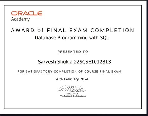 Sarvesh Shukla On Linkedin Completed The Database Programming With Sql