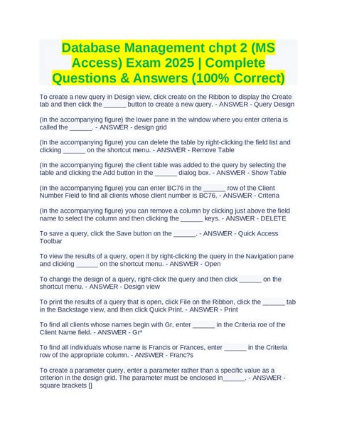 Database Management Chpt 2 Ms Access Exam 2025 Complete Questions And Answers 100 Exams