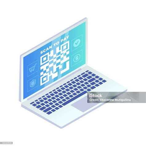 랩톱 화면에 Qr 코드 3d 스캔 바코드 개념 Qr 은 등등 측정 벡터를 지불합니다 웹 스토어에서 온라인 결제 디지털 인터넷 결제 등측투영법에 대한 스톡 벡터 아트 및 기타