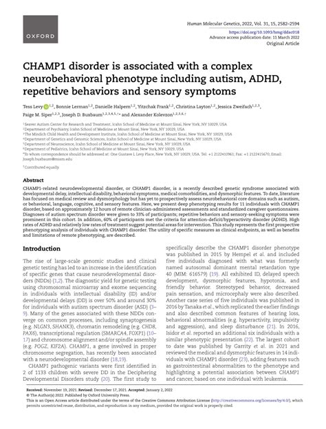 Pdf Champ1 Disorder Is Associated With A Complex Neurobehavioral Phenotype Including Autism