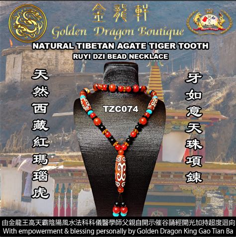 NATURAL TIBETAN AGATE TIGER TOOTH RUYI DZI BEAD NECKLACE 天然西藏紅瑪瑙虎牙如意天珠項鍊
