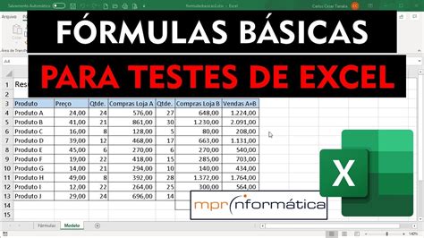Fórmulas Básicas Para Testes De Excel Youtube