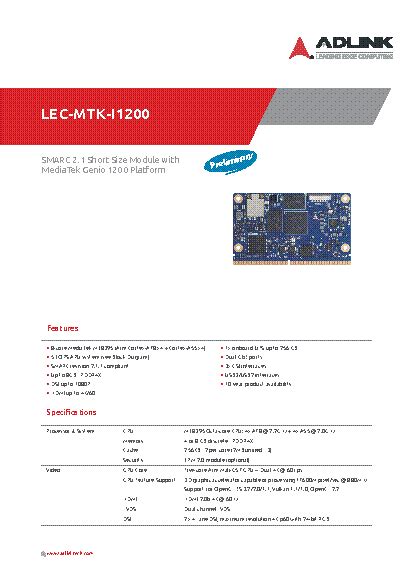 LEC MTK I Datasheet SMARC Short Size Module With MediaTek Genio Platform