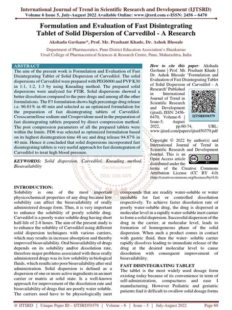 Formulation And Evaluation Of Fast Disintegrating Tablet Of Solid Dispersion Of Carvedilol A