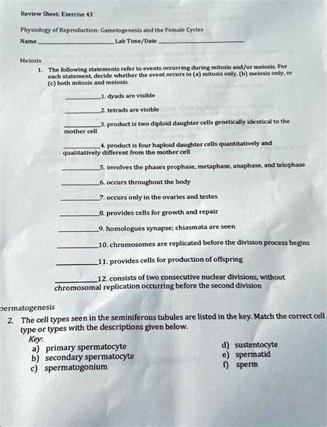 review sheetexercise 43 physiology of reproductiongametogenesis and the