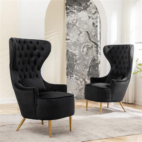 Kinwell Black Upholstered Tufted Velvet High Wingback Chair Set Of 2