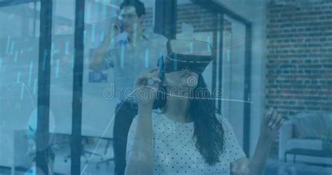 Using Virtual Reality Headset Woman Interacting With Data