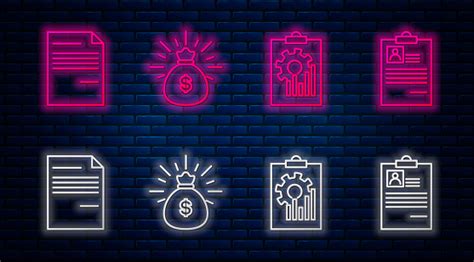 Set Line Money Bag Clipboard With Graph Chart Document And Clipboard With Resume Glowing Neon