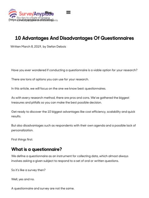 10 Advantages And Disadvantages Of Questionnaires Survey Anyplace Pdf Survey Methodology