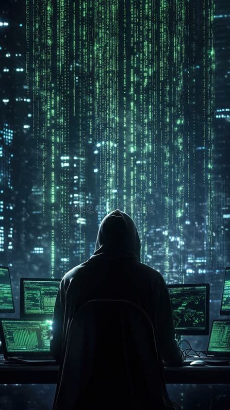 Hacker In Dark Hoodie Using Multiple Laptops In Digital Environment