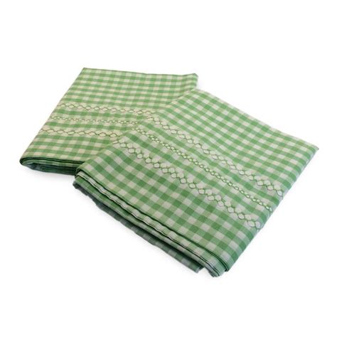 Vintage Home Cottage Crafted Green Gingham Pillow Cases With Embroidered Bric Brac Trim 32 X