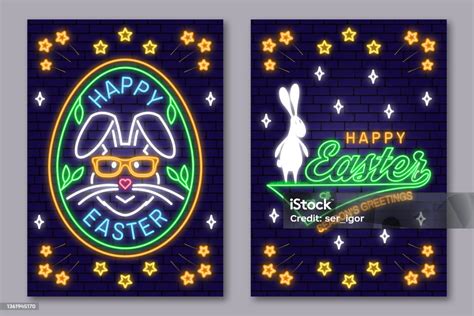 해피 부활절 네온 사인 벡터 그림입니다 부활절 축하 엠블럼네온 디자인 토끼와 손 계란밤 네온 간판 타이포그래피 디자인 모던 한 미니멀 한 스타일 부활제에 대한 스톡 벡터