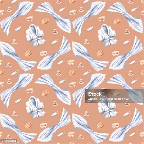 흰색 배경에 수채화 그림에 가운과 테리 수건과 완벽 한 패턴 포장 광고 목욕 미용실 스파를 위한 직물에 인쇄를 위한 손으로 그린 그림 0명에 대한 스톡 벡터 아트 및 기타