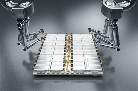 Automation Battery Manufacturing With Electric Car Battery Produced By Robotic Arms Stock