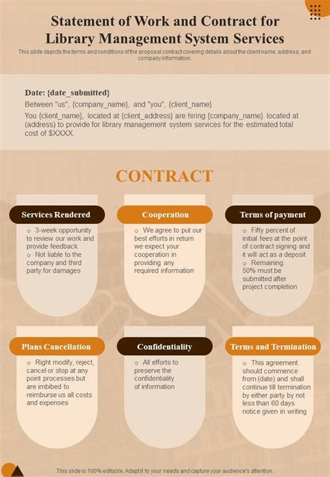 Statement Of Work And Contract Library Management System One Pager Sample Example Document Ppt