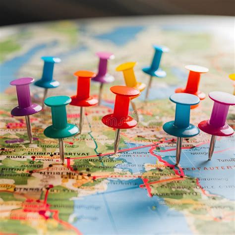 Pushpins Mark Destinations On Map Representing Diverse Travel Adventures Stock Illustration