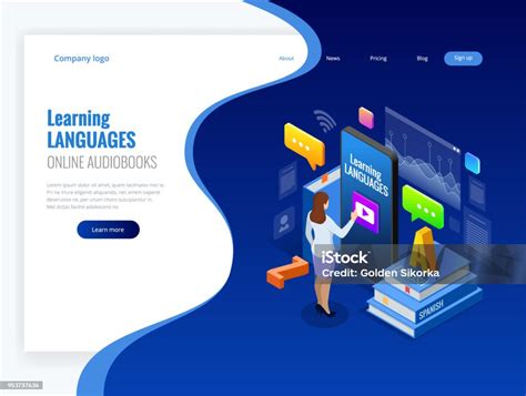 아이소메트릭 온라인 언어 학습 인터페이스 및 개념을 가르치고입니다 온라인 언어 학교 생활양식입니다 교육 개념입니다 벡터 일러스트 레이 션 개념에 대한 스톡 벡터 아트 및