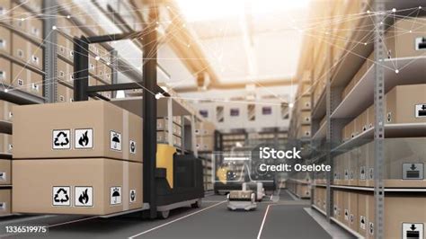 로봇 운송 및 화물 취급 제품 관리 자동화 웨어하우징 및 기술 연결 3d 렌더링 로봇에 대한 스톡 사진 및 기타 이미지 로봇 창고 장비 Istock