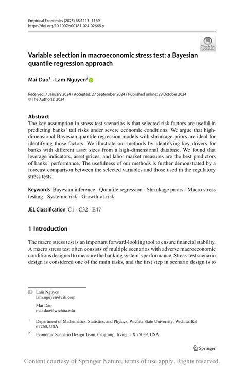 Pdf Variable Selection In Macroeconomic Stress Test A Bayesian Quantile Regression Approach