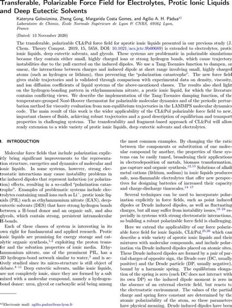 Transferable Polarizable Force Field For Electrolytes Protic Ionic Liquids And Deep Eutectic