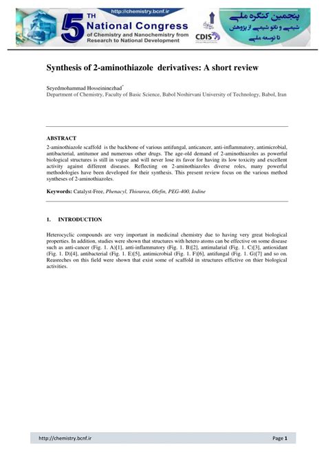 Pdf Synthesis Of 2 Aminothiazole Derivatives A Short Review