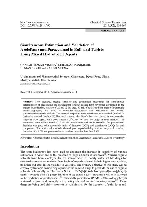 Pdf Simultaneous Estimation And Validation Of Acelofenac And