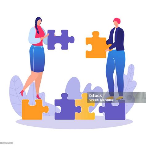 회사원 캐릭터는 퍼즐 세부 사항 팀워크 사무실 남성과 여성이 함께 노동 평면 벡터 삽화를 들고 흰색으로 격리되어 있습니다 경영자에 대한 스톡 벡터 아트 및 기타 이미지