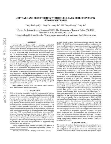 Pdf Joint Aec And Beamforming With Double Talk Detection Using Rnn Transformer