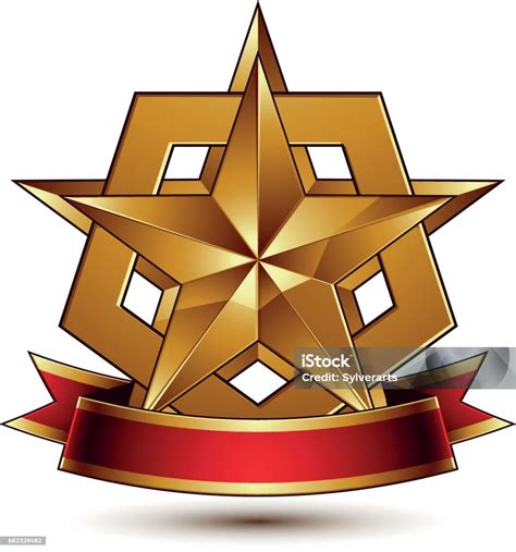 광택 있는 오각형 별 웹 및 그래픽 디자인에 대 한 최고의 3d 황금 전 령 푸른 Blazon Eps 8 벡터를 선택을 취소 합니다 빨간색 물결 모양 리본 국방 기호 장식