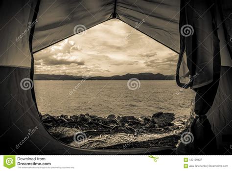 View From Tent At Lake Jocassee Camping Site Stock Image Image Of