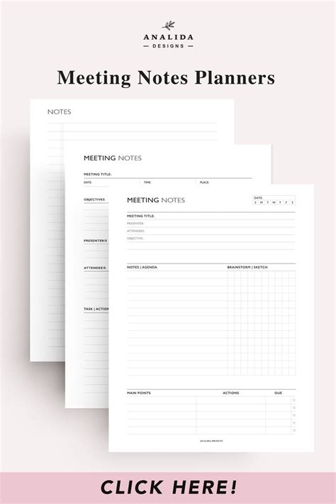 Meeting Notes Printable Work Organizer Daily Weekly Work Planner Meeting Agenda Template